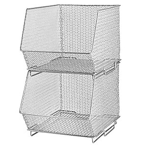YBM HOME Mesh Stacking Bin Storage Containers for Kitchen Pantry, Cabinet and Shelves, Metal Wire Basket Rack for Fruits and Veggies, Crafts, Toys & Cleaning Items - 2-Pack, Medium 10x8.5x8 Silver