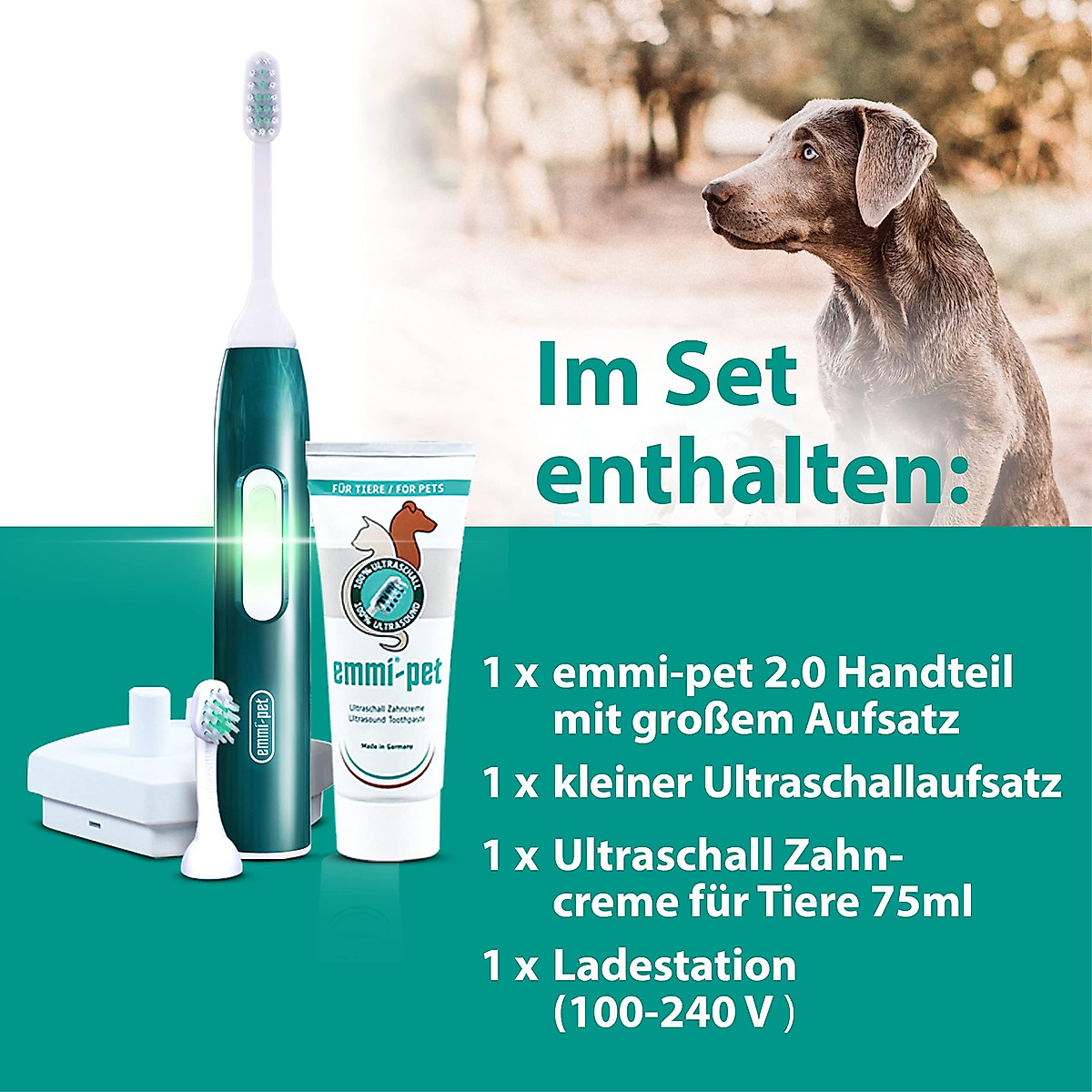 Emmi-pet Electric Toothbrush Set 2.0 for Pets. Healthier Teeth & Gums and Fresher Breath. Patented ultrasonic Technology Cleans Completely Silent, no Vibration and no Brushing. Rechargeable