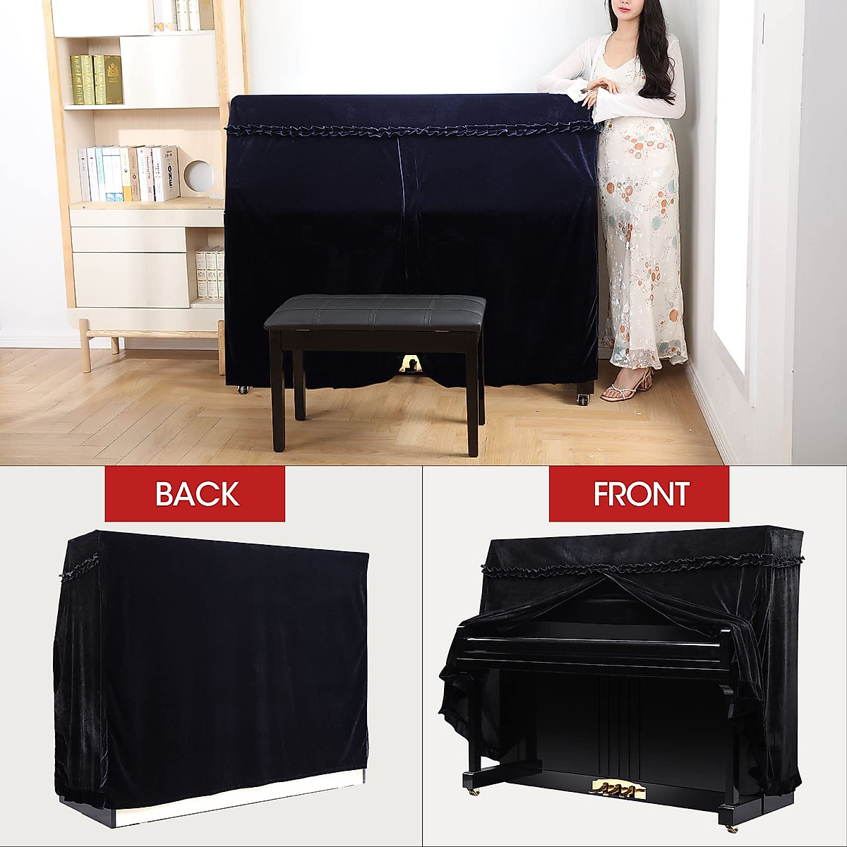 Monkeysell Full Piano Cover Cloth Art More pleuche Decorated with Macrame for Universal Upright Vertical Piano Upright piano universal 118-131 (black)（not include chair cover）