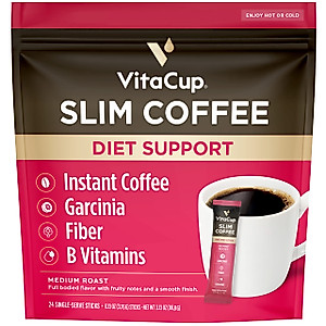 VitaCup Slim Instant Coffee Packets, with Garcinia, Fiber, B Vitamins, Bold & Smooth, Medium Dark Roast, 100% Arabica Coffee in Single Serve Sticks, 24 Ct