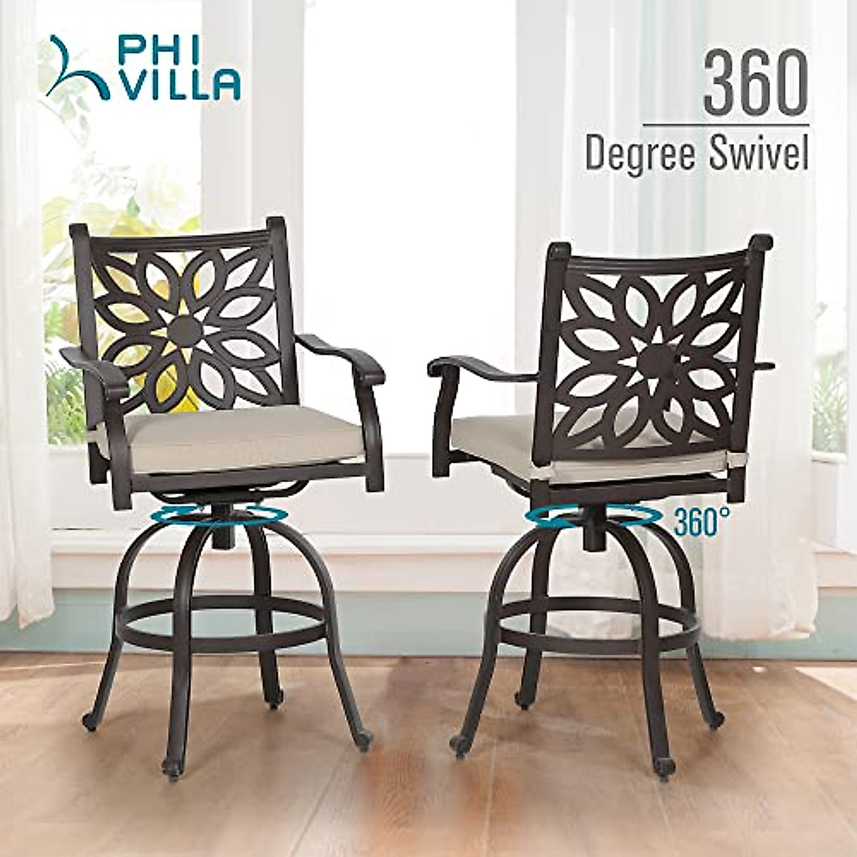 PHI VILLA Outdoor Swivel Bar Stools, Cast Aluminum Patio Pub Height Swivel Arms Chairs with Seat Cushion, Set of 2, Easy Assemble