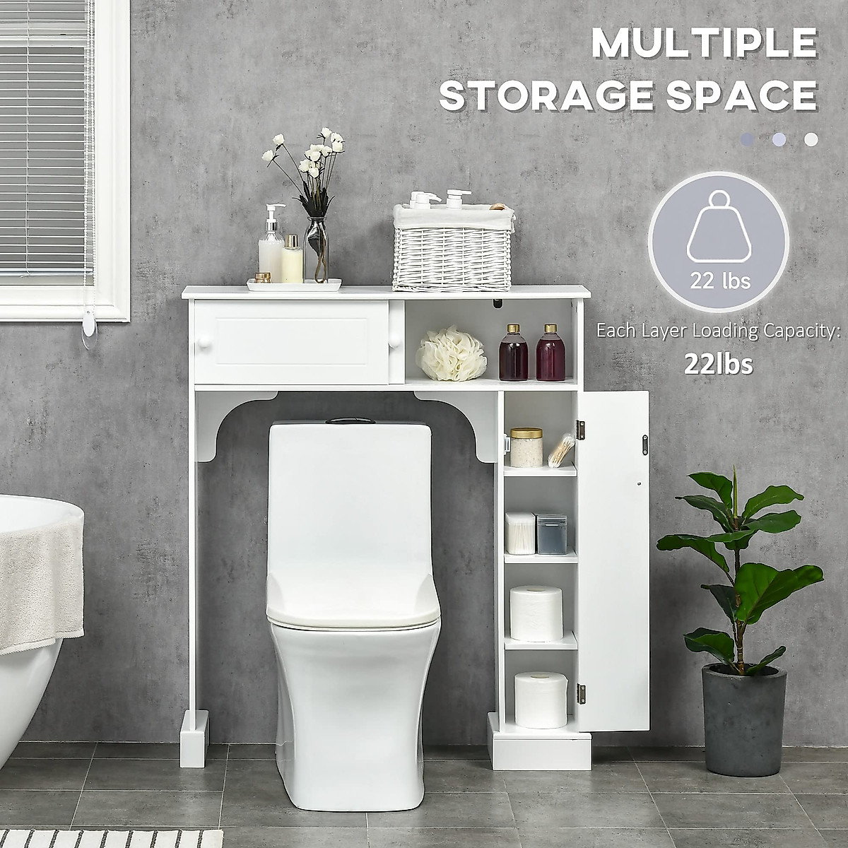 Royard Oaktree Over The Toilet Cabinet with 2 Sliding Doors, Freestanding Bathroom Storage Organizer with 4 Cubbies, Space Saver Toilet Rack with Adjustable Shelves