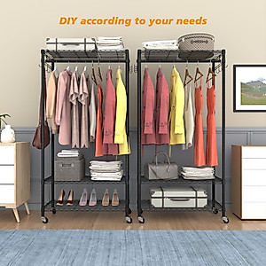 Serxis Rolling Portable Garment Rack,Freestanding Clothes Racks, Portable Closet Wardrobe with 3 Adjustable Wire shelves,2 Side Hooks, Black