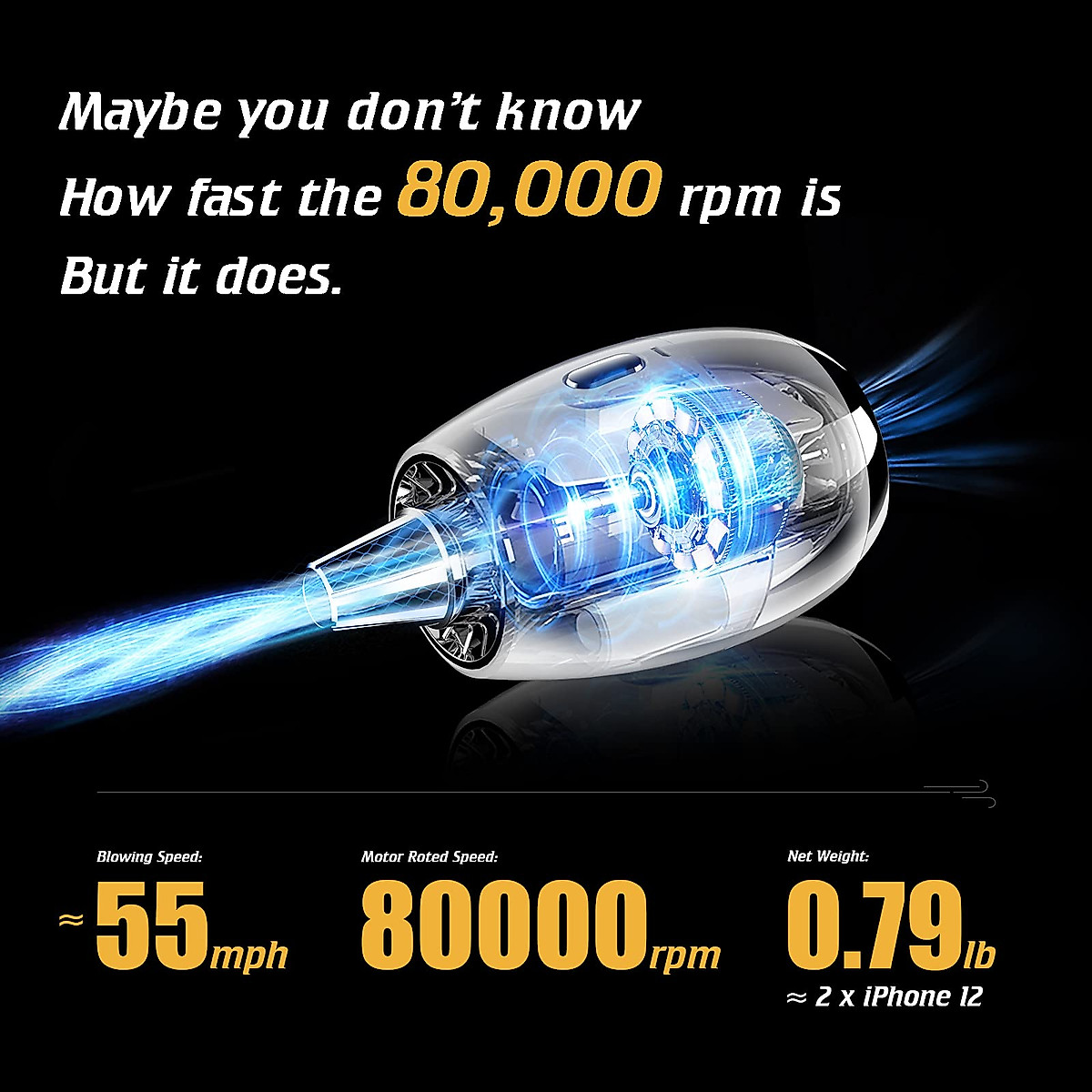 Cordless Air Duster 2.0 - Compressed Air No Heat Air Replaces Canned Air 80000RPM 55MPH - Electric Duster for Cleaning Gaps, Computer, Keyboard, Replaces Compressed Air Can