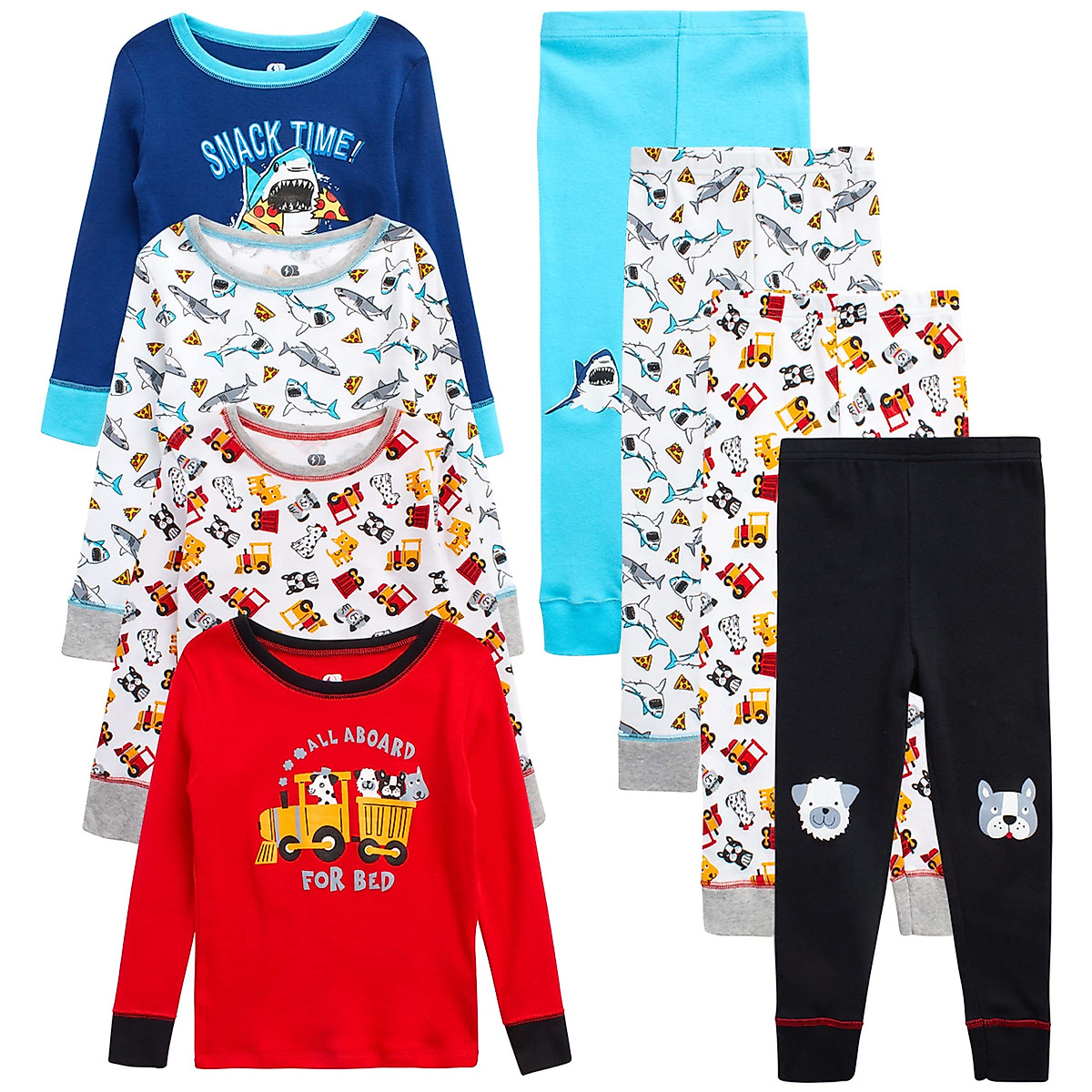 ONLY BOYS BabyToddler Pajama Set - 8 Piece Snug Fit Shirt and Sleepwear Joggers (Size 2T-4T), Size 2T, Red TrainsBlue Shark