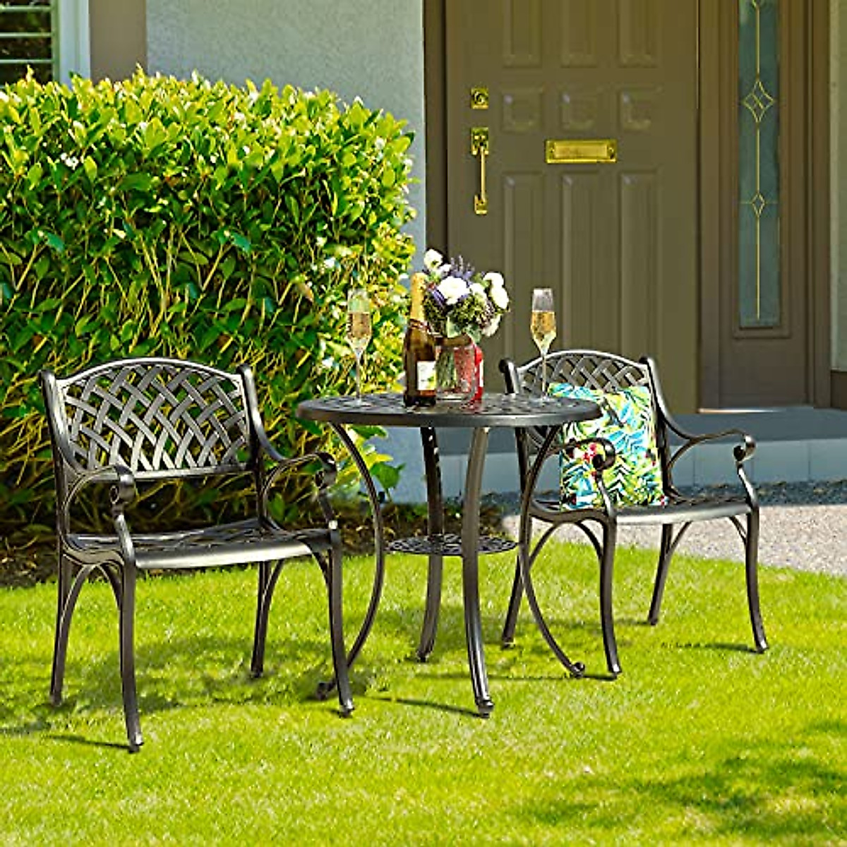 Nuu Garden 3 Pieces Patio Bistro Set, Cast Aluminum Patio Dining Set with Umbrella Hole All-Weather Garden Table and Chairs for Yard, Balcony, Black with Antique Bronze Edging