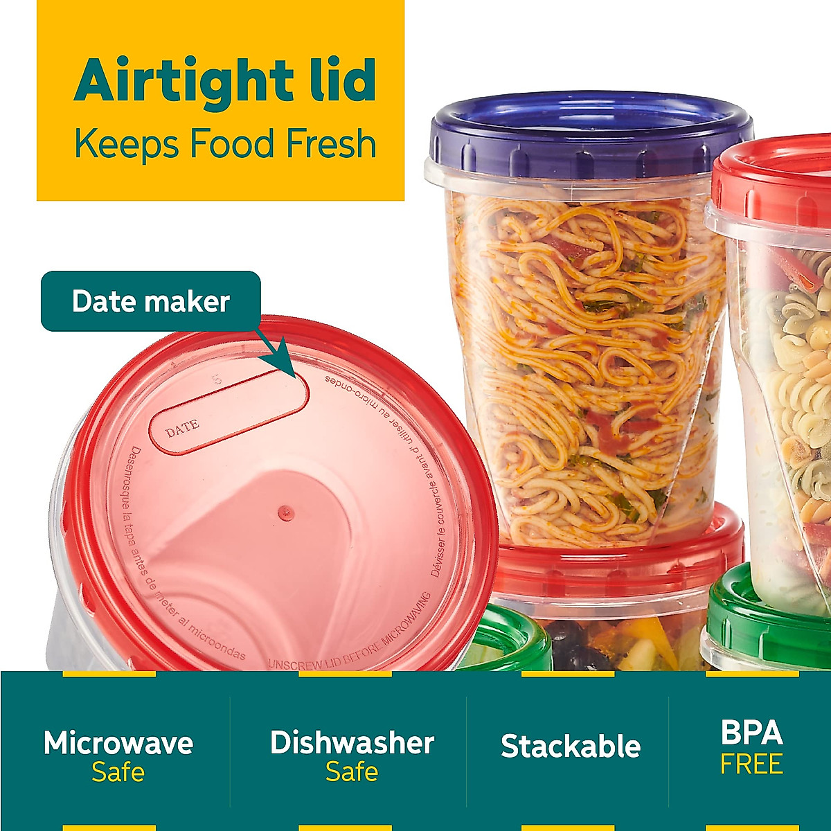 ELEGANT DISPOSABLES Twist Top Food Storage Containers 32 oz 12 Pack Plastic Freezer Storage Containers Leakproof Reusable with Screw on Colored Lids 3 Colors