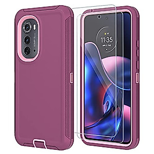 Qinmay for Motorola Moto Edge 2022 Case with HD Screen Protector (2 Packs),Motorola Edge 2022 Case 3 in 1 Heavy Duty Phone Case for Motorola Moto Edge 2022 Phone (WineRed Pink)