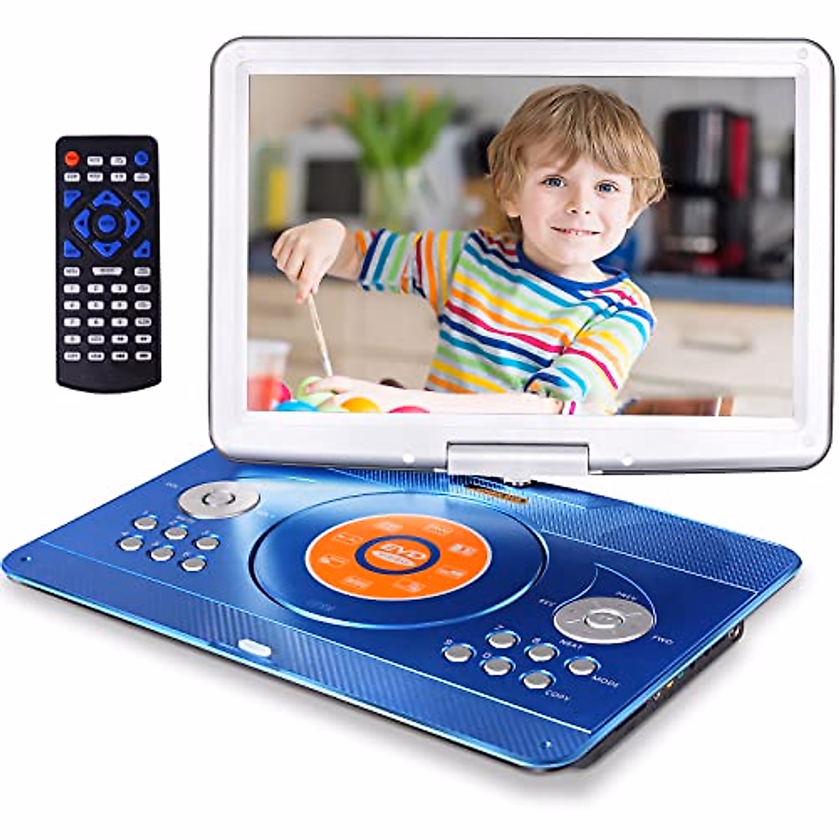 JEKERO 16.9" Portable DVD Player with 14.1" Large Swivel Screen, DVD Player Portable with 6 Hrs Rechargeable Battery, Mobile DVD Player for Kids, Sync TV, Support USB SD Card with Car Charger (Blue)