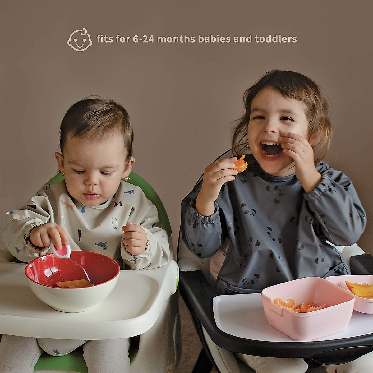 Long Sleeve Bib, Baby Toddler Bib, 6-24 Months, Waterproof Mess-Proof Fabric, Art Smock, Catch-All Pocket, Feeding Bib (Dark Grey Panda)