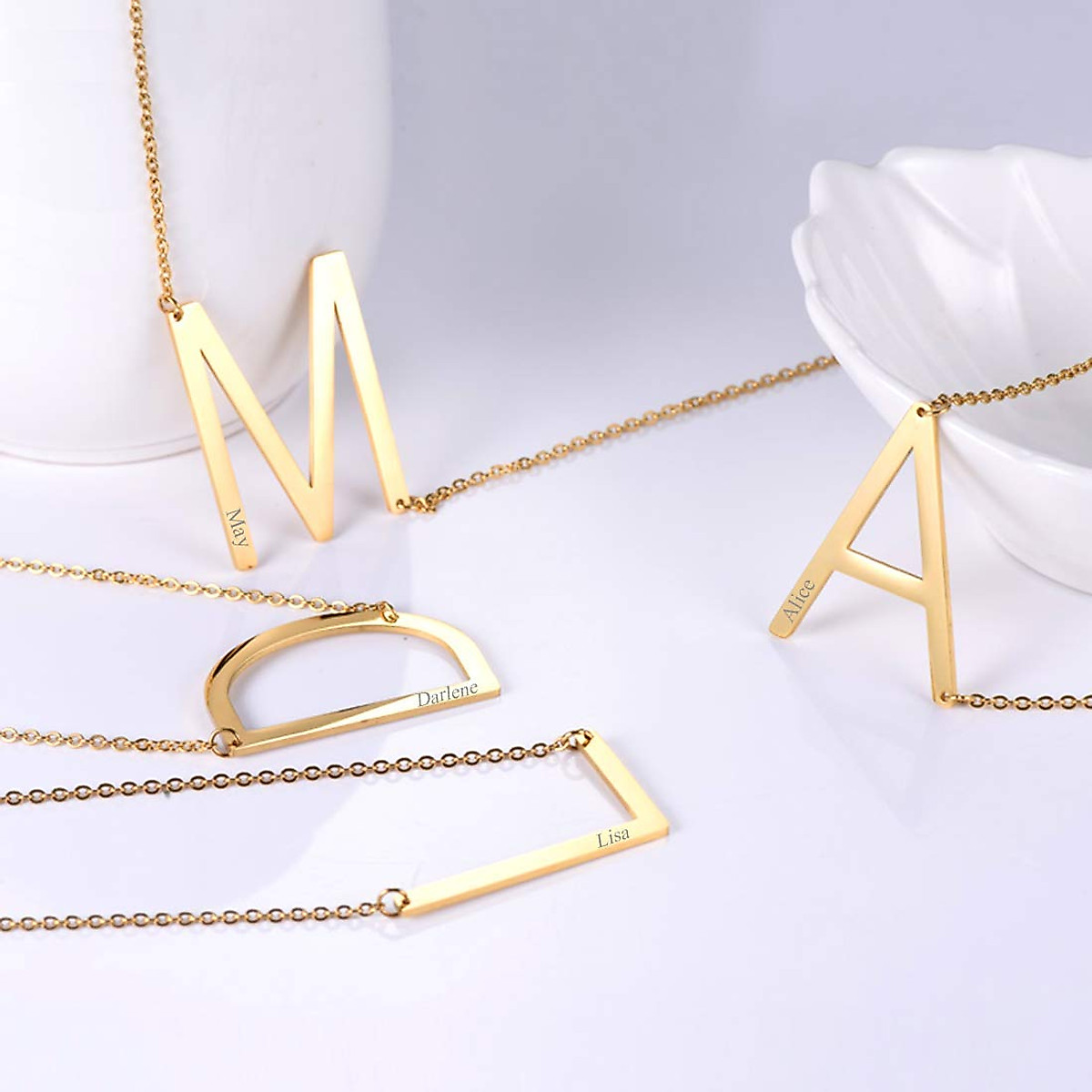 U7 Sideways Large Initial Necklaces 18K Gold Plated Big Letter Script Name Necklaces Statement Alphabet Pendant M Necklace for Women Gift