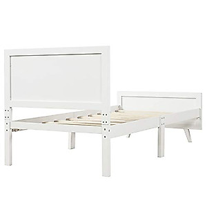HomJoones Wood Platform Bed Twin Bed Frame Mattress Foundation Sleigh Bed with Headboard/Footboard/Wood Slat Support,Twin (White)