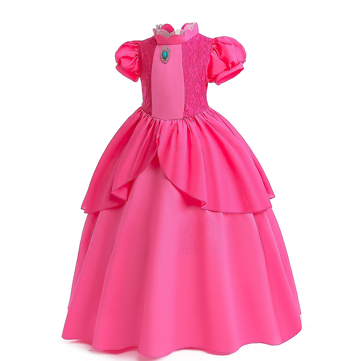 isswya Princess Peach Dresses for Kids Cosplay Super Brother Pink Princess Peach Costume Halloween Birthday Party Dress Up 11-12Y