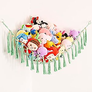 MAKEONEWO Stuffed Animal Toy Net Hammock -Handmade Large Macrame Toy Hammock Organizer Animal Display Corner Hanging Net Plush Toys Holder Boho Nursery Playroom Bedroom Kids Room Storage-Green…