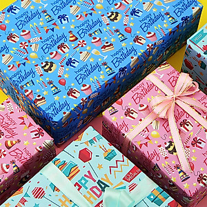 6 Pieces Happy Birthday Wrapping Paper for Kids Boys Girls, Cute Cartoon Design Gift Wrap Paper Sheets, Folded Flat Gift Wrapping Paper 20x 28 inches per Sheet in 3 Different Patterns
