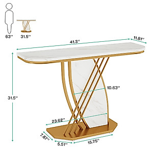 Tribesigns Gold Entryway Table, Modern Console Table, Half Moon Entry Table with Geometric Metal Legs, Faux Marble Narrow Sofa Table Hallway Table for Entrance, Living Room, White & Gold