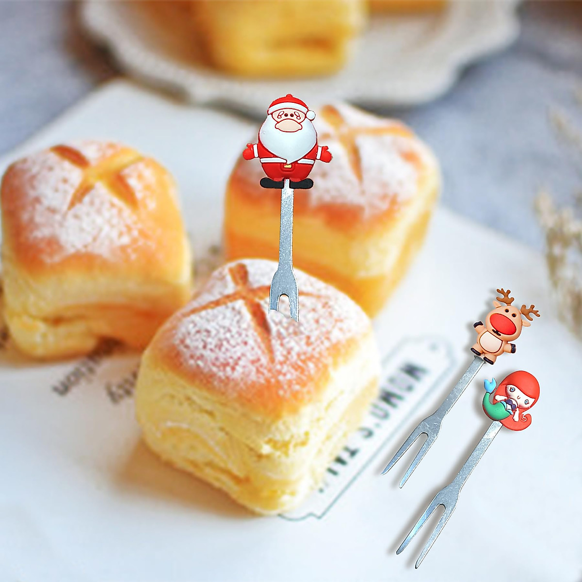 SXunacou Fruit Fork, Fun Cute Cartoon with Ceramic Storage Box Holder Stainless Steel Food Pick Forks for Home Household (A)