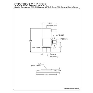 Kingston Brass CD53307DLK 5/8" x 3/8" O.D Anti-Seize Deluxe Quarter Turn Ceramic Hardisc Cartridge Angle Stop with Flange, 2-1/2" (L) x 2-1/2" (W) x 2-7/8" (H), Brushed Brass