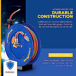 Goodyear Welding Hose Reel Retractable 1/4" Inch x 50’ Foot Twin Oxygen Acetylene Rubber Hoses STD Duty Max 300PSI Heavy Duty Industrial Single Arm Construction