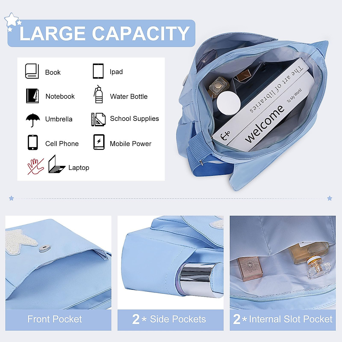 Cute Messenger Bag, Kawaii Nylon Crossbody Bag Y2K Star Purse for Women (B-Blue)