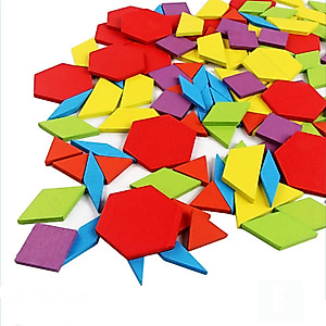 Set of 155 Wooden Pattern Blocks Geometric Manipulative Shape Puzzle Kindergarten Graphical Classic Educational Montessori Tangram Toys for Kids Ages 3+ Jigsaw Puzzles Gift with 24 Pcs Design Cards