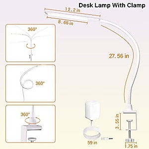 LED Desk Lamp With Clamp, 10W Gooseneck Lamps Touch Control,Swing Arm Clamp Lamp, Architect Clamp Desk Lamp Dimmable,Nail Lamp for Desk Table (White)