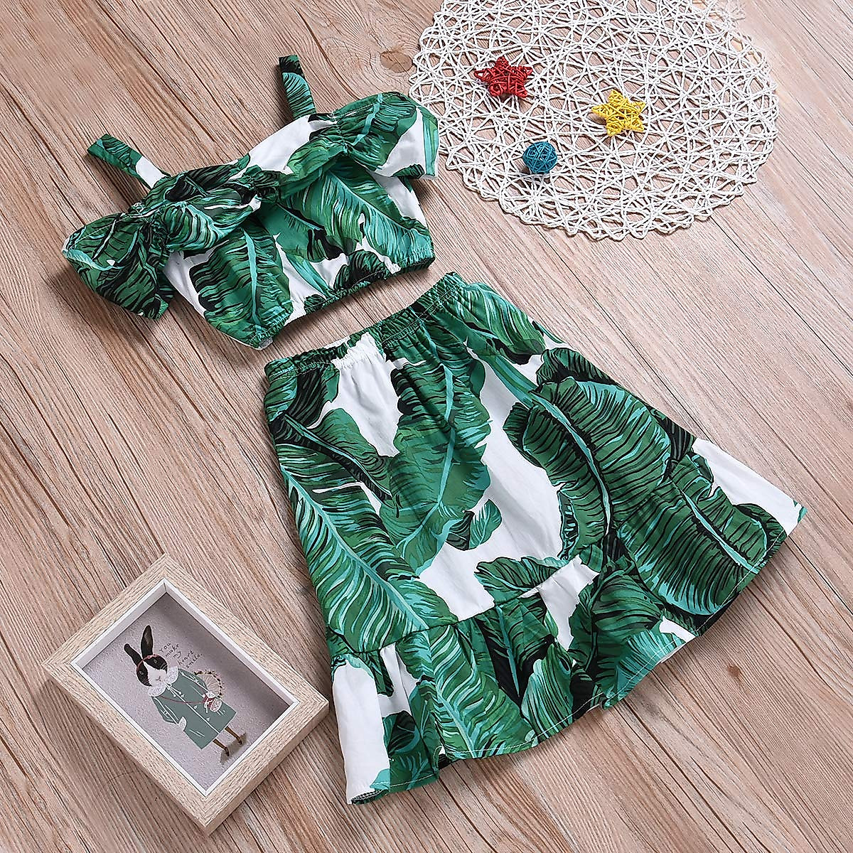 BOEBNOZCV Toddler Baby Girl Strap Banana Leaf Print Strappy Cold Shoulder Cropped Top + Long Skirts Outfits Clothes Set (Banana Leaf, 7T)