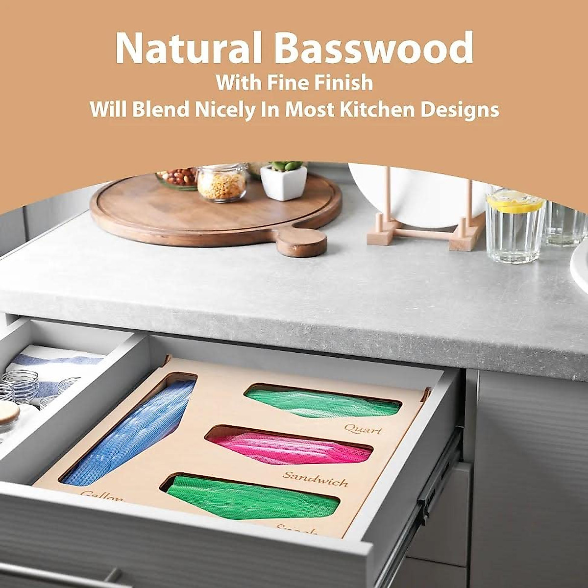 Storage Bag Organizer - Wooden Baggie Organizer for Drawer, Bass Wood - Quart, Snack, Gallon Size, Sandwich Bag Holder - Plastic Bag Organizer with Hinged Lid, Engraved Labels - 11.6x12x3.25"