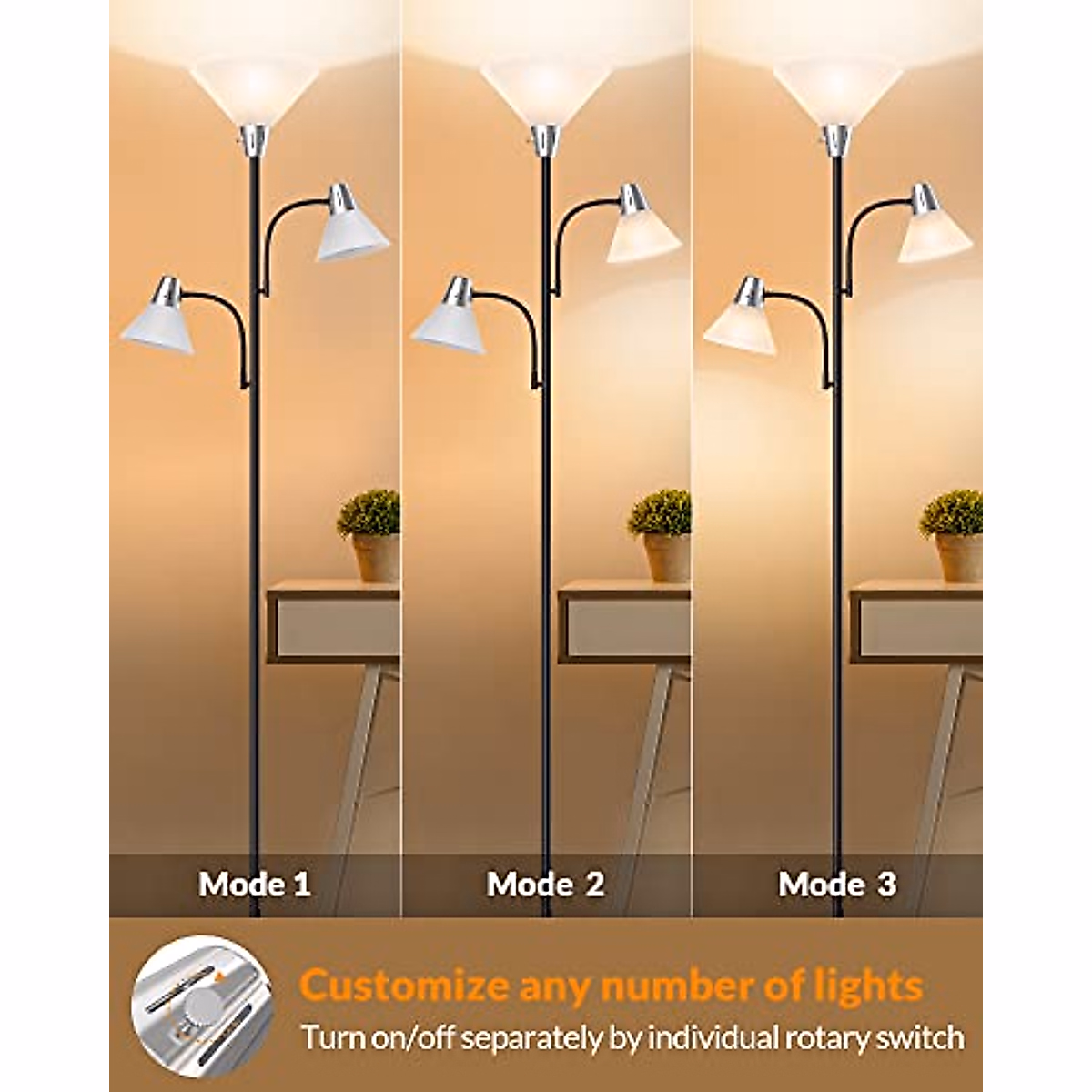 LEPOWER Floor Lamp with Replaceable 3000K Energy-Saving LED Bulbs , 9W LED Standing Lamp with 5W Adjustable Reading Lights, Modern Bright Black Floor Lamp for Living Room, Bedroom, Office