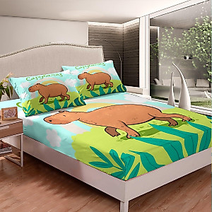 Erosebridal Cute Capybara Bed Sheets Set Full Size Rainbow Sheet Set 4 Piece Kawaii Rodent Animals Capybaras Fitted Sheet Green Palm Leaves Print Flat Sheet Funny Capybaras Sheets