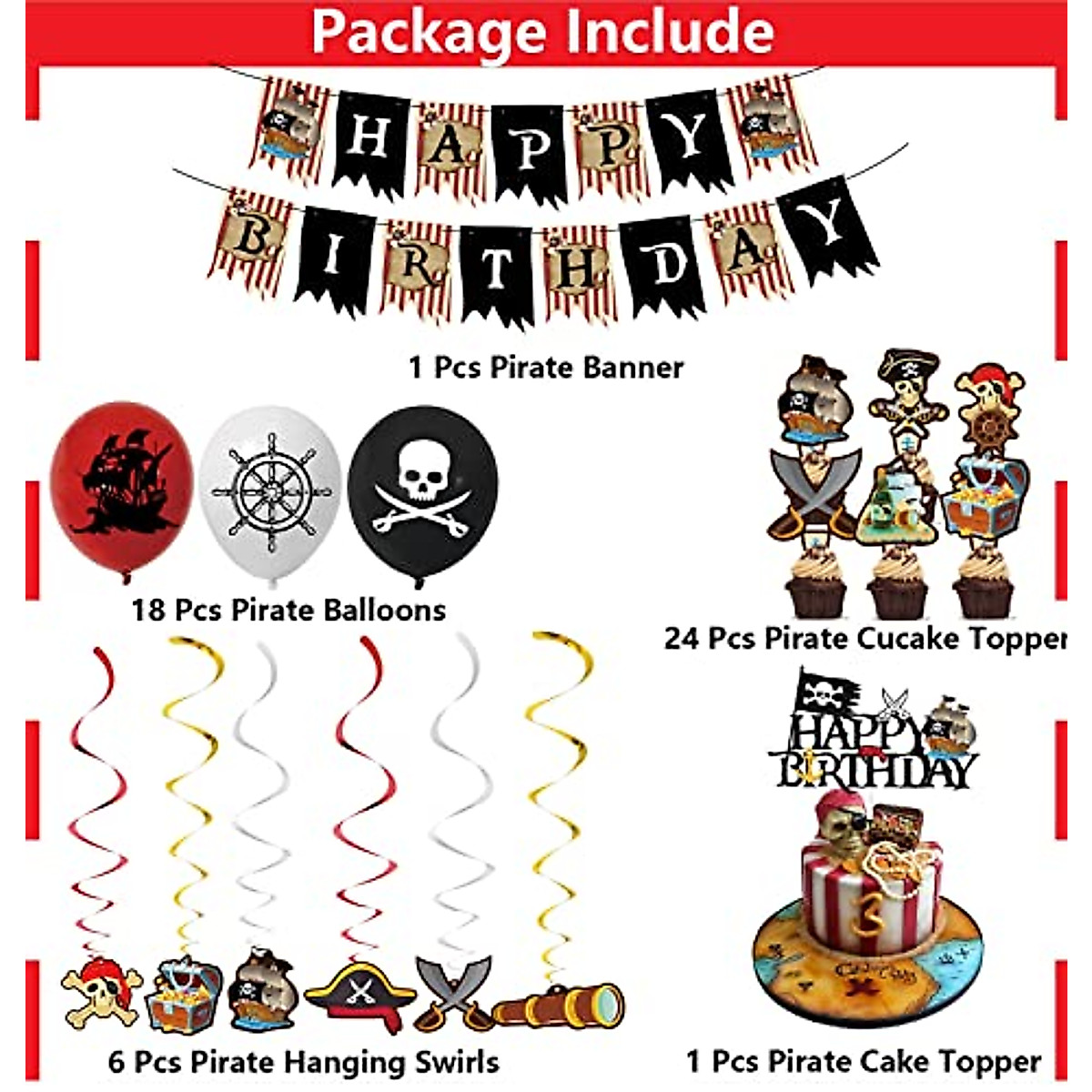 Birthday Decorations - Pirate Party Decorations GOGOPARTY Pirate Birthday Decorations for Men, Boys, Kids, Him, Happy Birthday Banner Balloons Cake Toppers Hanging Swirls Pirate Themed Party Supplies