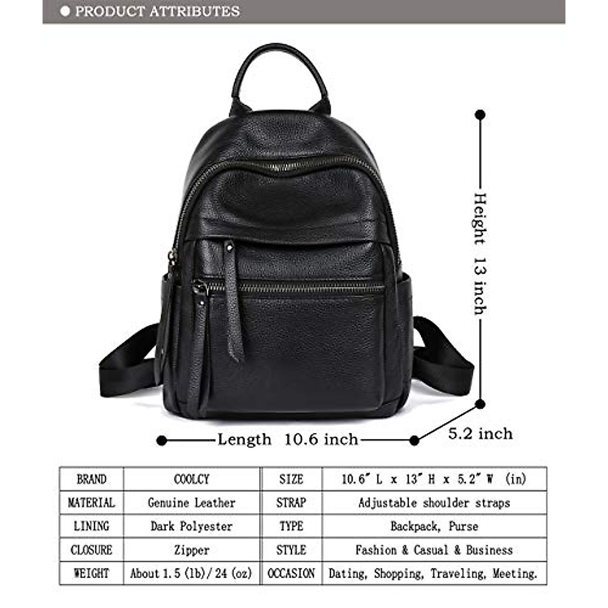 Genuine Leather Backpack Purse for Women Multi-functional Elegant Daypack for ladies (Black)