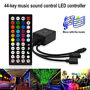 RTNLIT 2-Port Music RGB LED Controller with 40 Keys IR Remote for 5050 2835 3528 RGB LED Strip Lights, DC 12V-24V