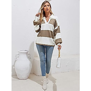 ZAFUL Women 2023 Striped V Neck Long Sleeve Sweater Fall Lapel Collar Ribbed Knit Loose Pullover Sweater Jumper Top Brown