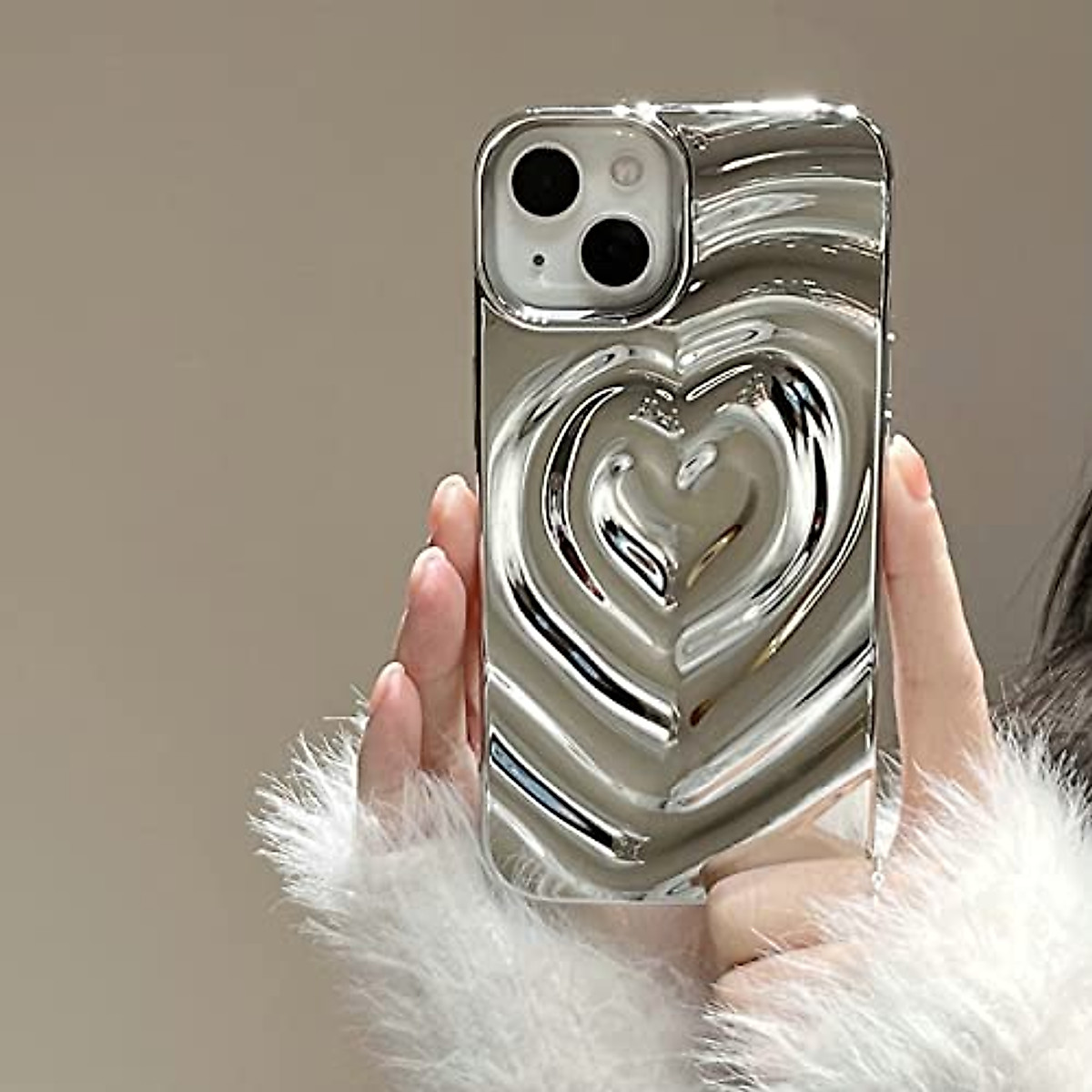 iPhone 14 Pro Max Love Heart Case, Fashion Cute Soft Silicone Electroplate Silver 3D Heart Water Ripple Bling Glitter Shockproof Women Girls Case Cover for iPhone 14 Pro Max