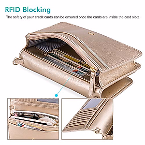 nuoku Women Small Crossbody Bag Cellphone Purse Wallet with RFID Card Slots 2 Strap Wristlet(Max 6.5'')(Gold)