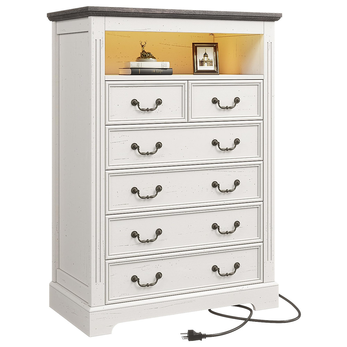 EnHomee Farmhouse 6 Drawer Dresser for Bedroom LED Light & Power Outlets, 48" H Solid Wood Dressers & Chests of Drawers with Natural Texture, Tall Dressers for Bedroom, Hallway (Antique White)