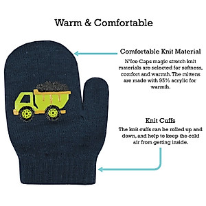 N'Ice Caps Kids Magic Stretch Gloves Mitten 3 Pairs Toddler Boys Girls Winter (2-4 Years, Trucks - Navy/Charcoal/Black Mittens)