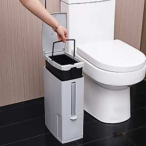 Cq acrylic 8 Liter Slim Plastic Trash Can 2.1 Gallon Small Narrow Garbage Can with Press Top Lid,Trash can with Toilet Brush Holder,Rectangular Modern Waste Can for Bathroom Grey