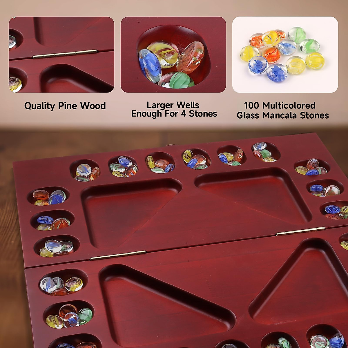 GSE Games & Sports Expert 4-Player Mancala Board Game with Multi-Color Glass Stones, Folding Wooden 4-Way Mancala Family Travel Strategy Games Set for Kids & Adults (Mahogany)