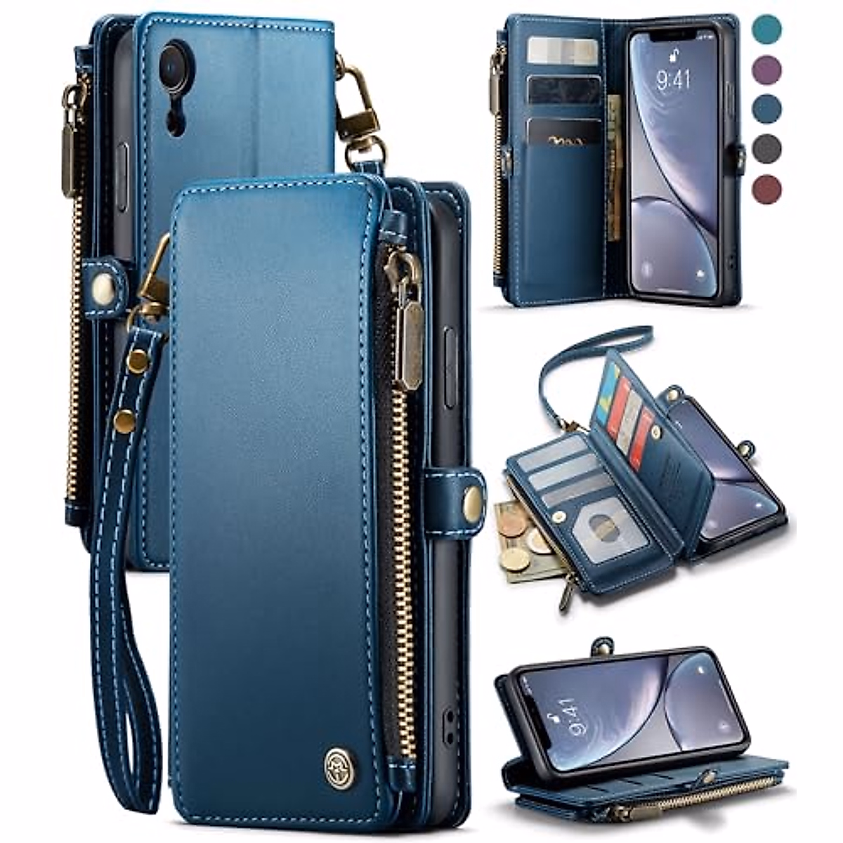Defencase for iPhone XR Case, RFID Blocking for iPhone XR Wallet Case for Women Men with Credit Card Holder Zipper Pocket Book Flip PU Leather Protective Cover for iPhone XR Phone Case, Dark Blue
