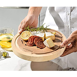 Linoroso Round Cutting Board, Exquisite Non-Splicing Acacia Wood Cheese Board, Reversible Round (Dia. 10inch) Charcuterie Board with Juice Groove (Non-Exact Round, Follow Actual Shape of wood)