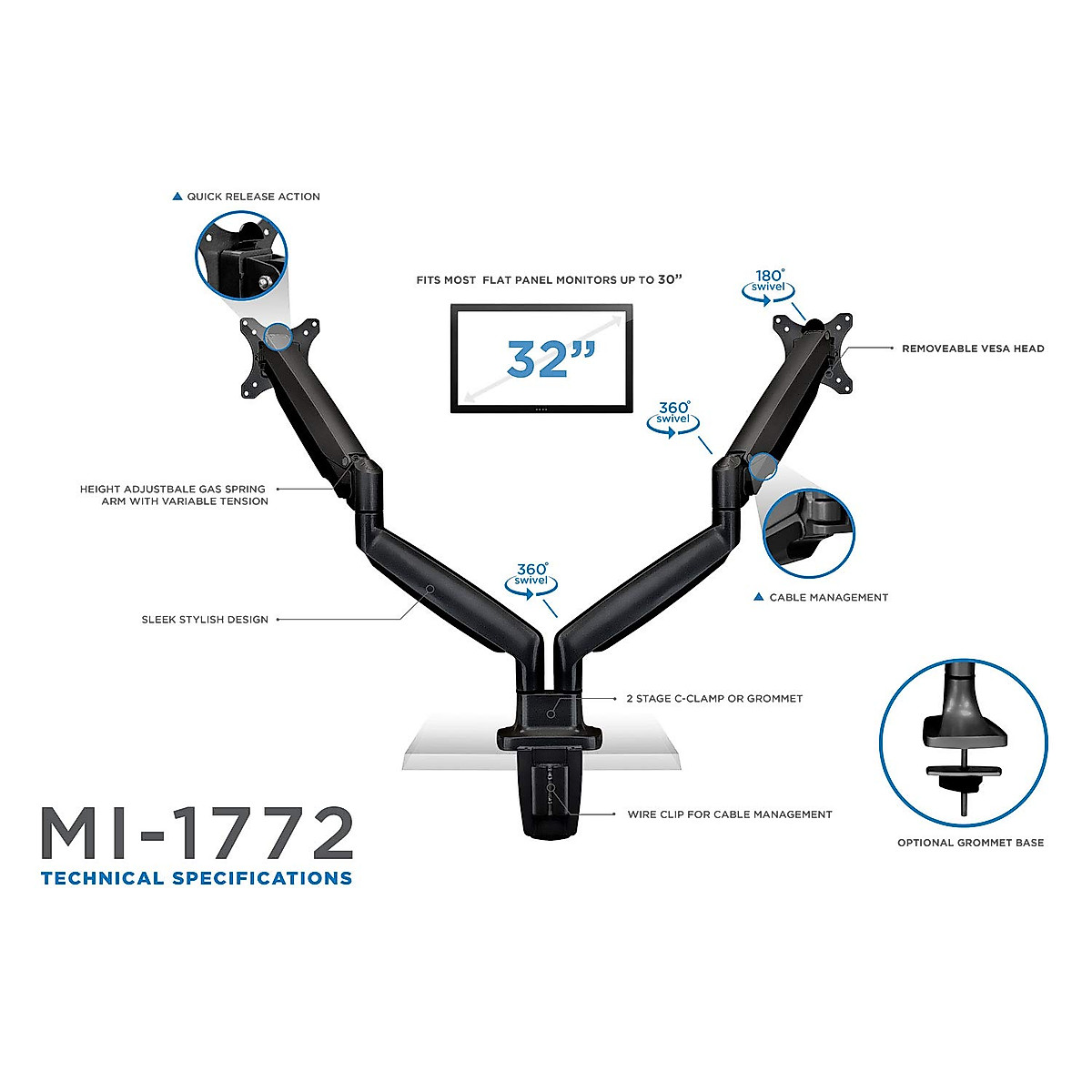 Mount-It! Dual Monitor Arm Mount | Desk Stand | Two Articulating Gas Spring Height Adjustable Arms | Fits 2 x 24 27 29 30 32 Inch VESA 75 100 Compatible Screens | C-Clamp and Grommet Bases (Black)