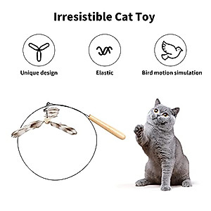 FUKUMARU Cat Wand Toy, 35.5 Inch Cat Feather Propeller Toy with Bell, Steel Wire Cat Toy for Indoor Cats with Natural Feather, Solid Wood Handle an Extra Cat Toy Feather Replacement