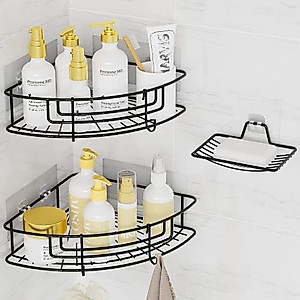 GAAKY Corner Shower Caddy, 3 Pack Corner Shower Shelf with Soap Holder and 4 Hooks, No Drilling Shower Organizer Adhesive Stainless Steel Shower Shelves for Bathroom Storage(Black)