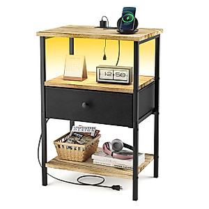 Fun Memories Nightstand with Charging Station, Solid Wood Nightstand, LED Night Stand with Fabric Drawers for Bedroom, Nightstands Bedside Tables with USB Ports & Outlets, Bed Side Table, Set of 1