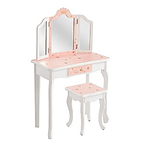 Nromant Kids Vanity Table and Chair Set, Girls Vanity Set with Mirror and Stool, Tri-Folding Mirror, Makeup Dressing Princess Table with Drawer, Kids Vanity Set with Mirror Age 4-9