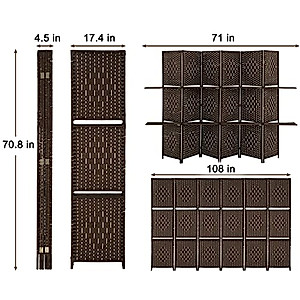 Esright 6 Panel Room Divider, 6 FT Tall&Extra Wide Weave Fiber Room Divider with Shelves, Folding Wall Dividers with Double Hinged for Room,Freestanding Room Separator, Coffee