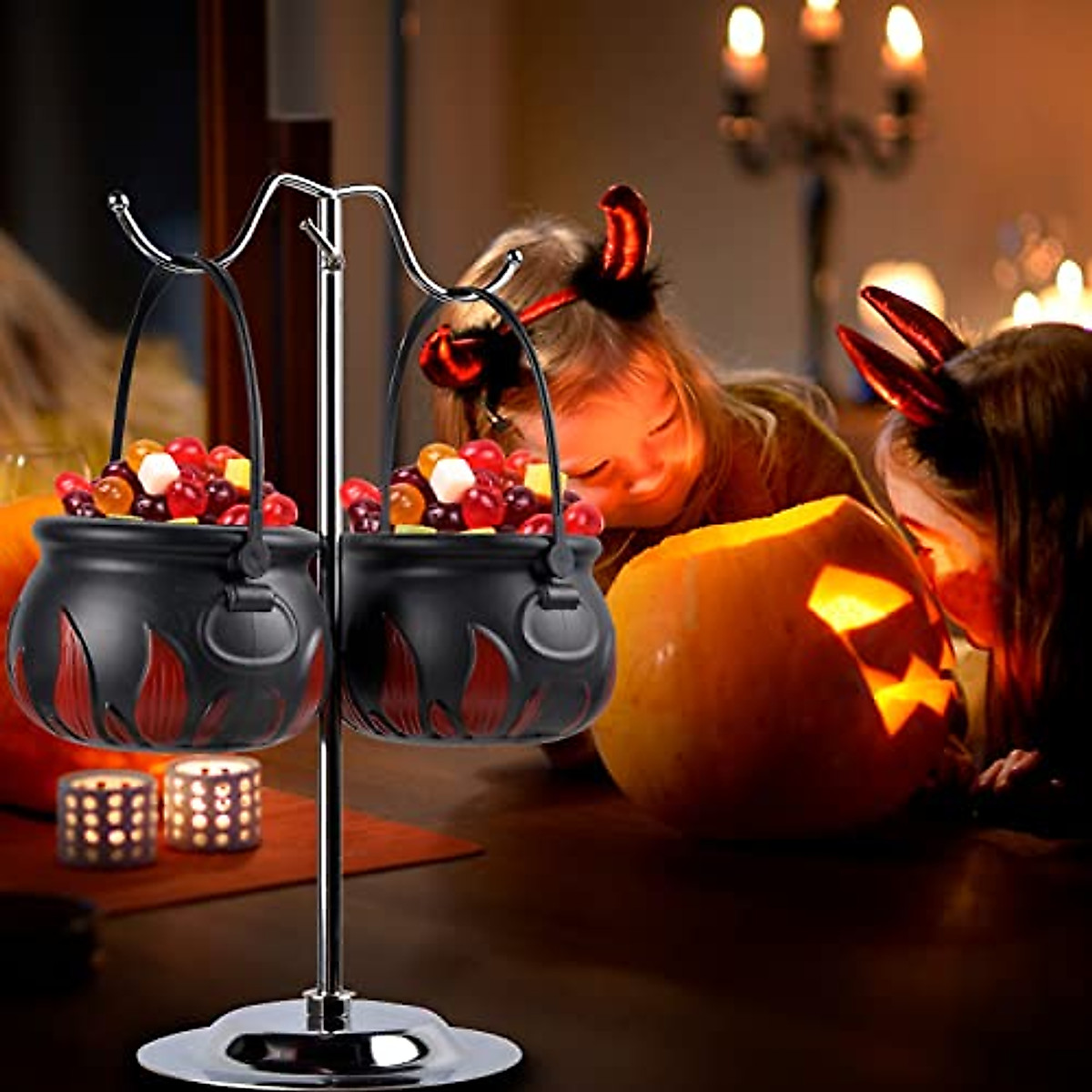 ChezMax Halloween Witch Cauldron, 2 Pack Plastic Candy Cauldron Flame Party Pots with Adjustable Holder, Black Spooky Halloween Bucket with Handle, Large Trick Or Treat Serving Bowls for Table Decor