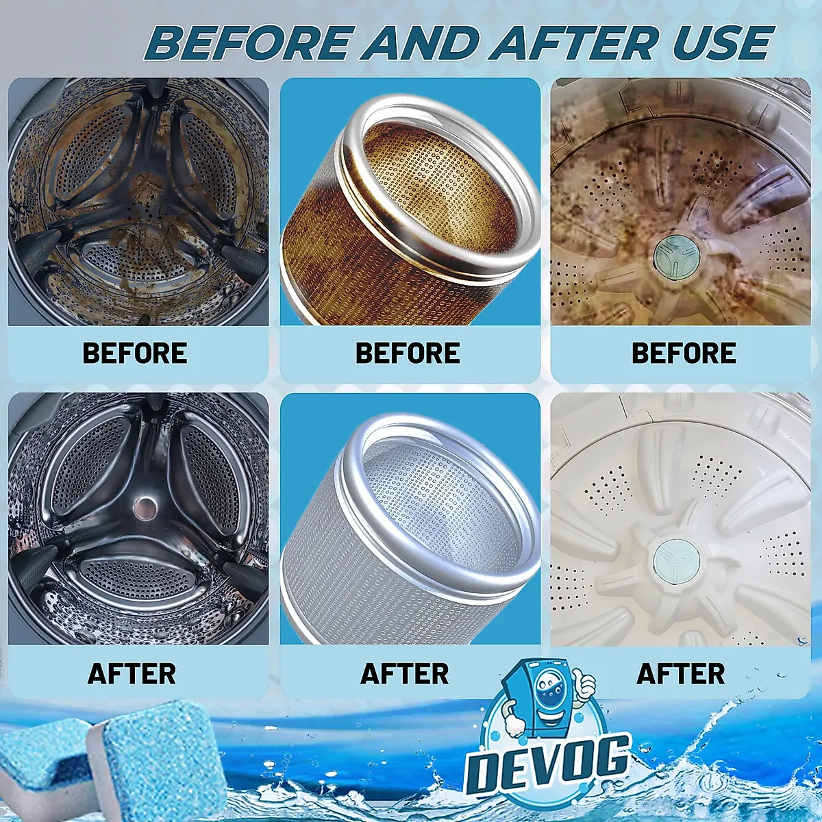 DEVOG Washing Machine Cleaner Tablets, 24 pcs Washer Machine Cleaner with Deep Cleaning Formula, 1 Year Supply, Washer Cleaner for Front Loader, Top Loader and HE